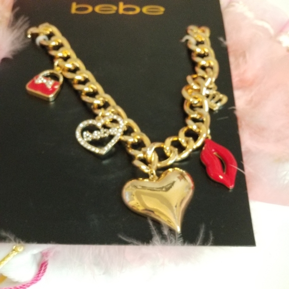 bebe | Jewelry | Bebe Gold Heart And Charms On Chunky Link Gold ...